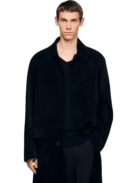 Sandro Oversized Long Coat With Wing Collar - Black