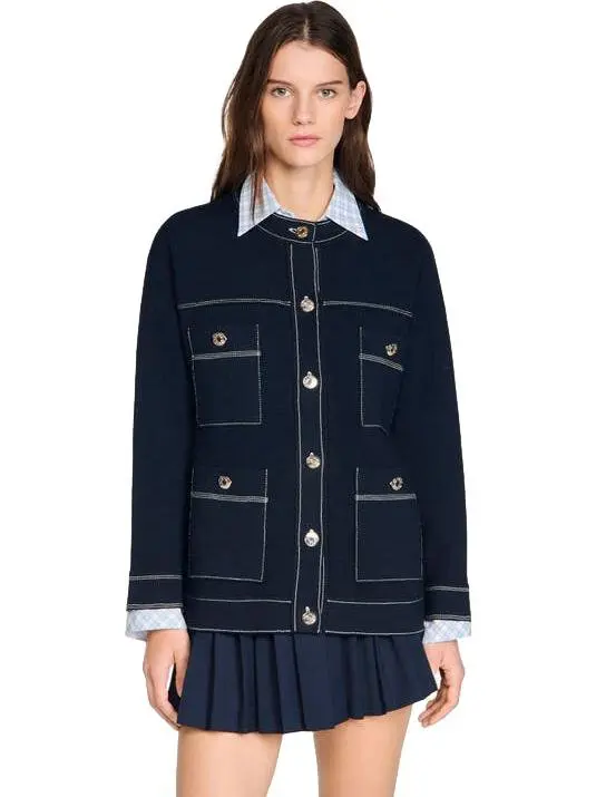 Sandro Contrast Stitch Oversized Cardigan - Navy Blue