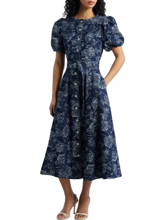 FREEMARKET Belted Puff Sleeve Denim Midi Dress - Indigo Denim