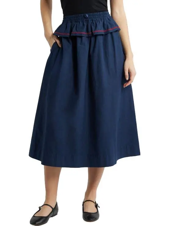 DAMSON MADDER Sigrid Peplum Waist Midi Skirt - Navy