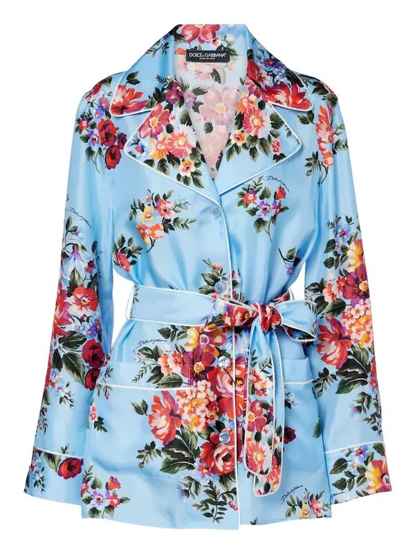 Dolce & Gabbana Floral-print Belted Silk Shirt - Blue