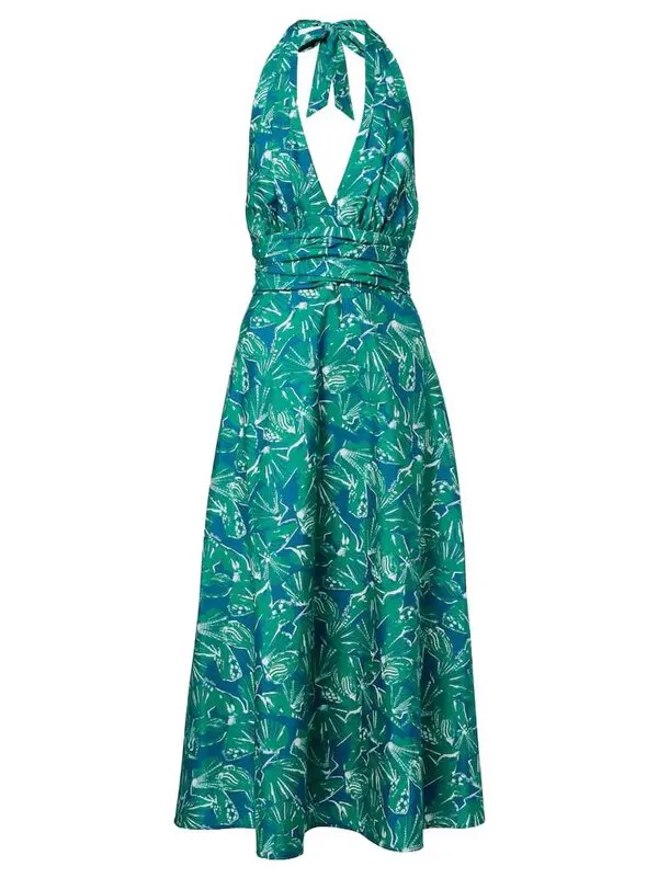 Max Mara Printed Halterneck Cotton Midi Dress - Green