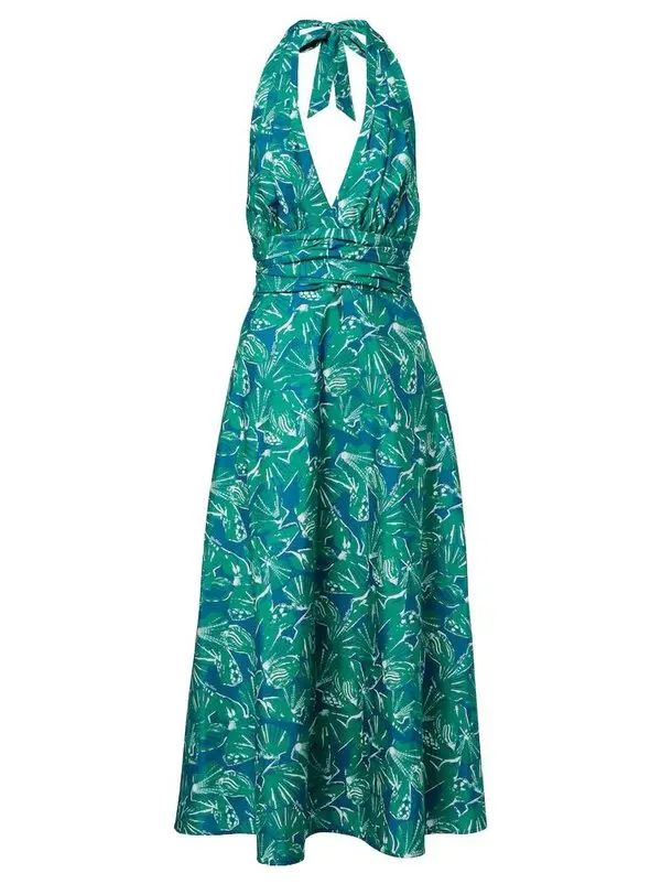 Max Mara Printed Halterneck Cotton Midi Dress - Green