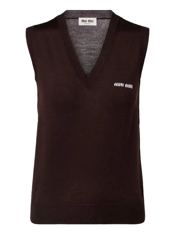 Miu Miu Logo Virgin Wool Sweater Vest - Brown