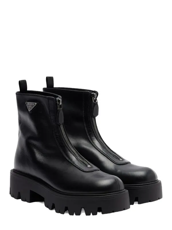 Prada Leather Platform Ankle Boots - Black