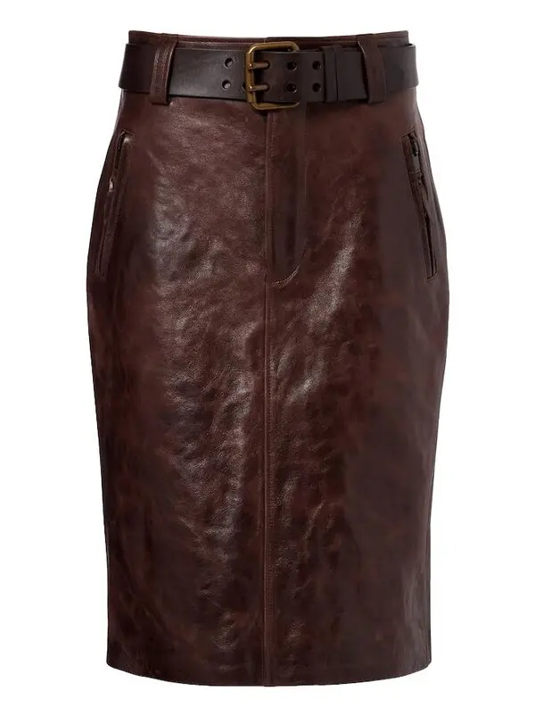Saint Laurent Belted Leather Pencil Skirt - Brown