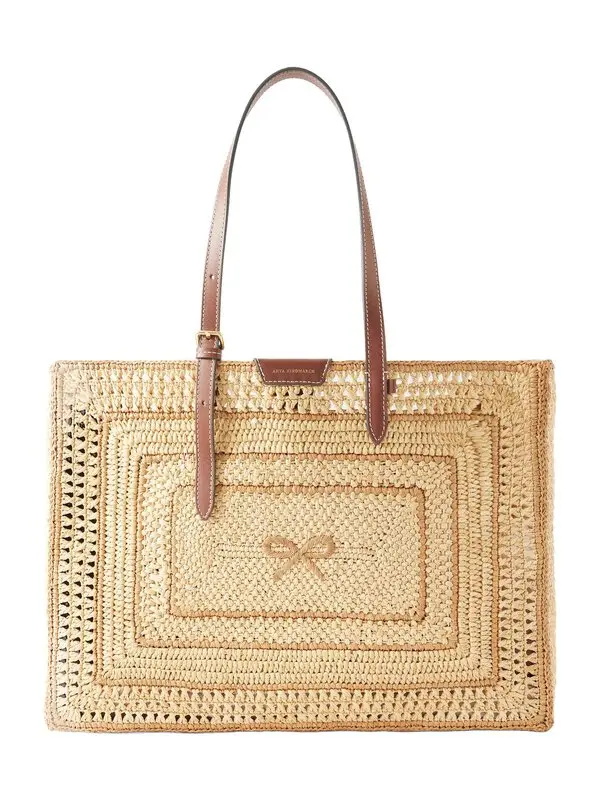 ANYA HINDMARCH Bow Leather-trimmed Raffia Tote - Neutrals