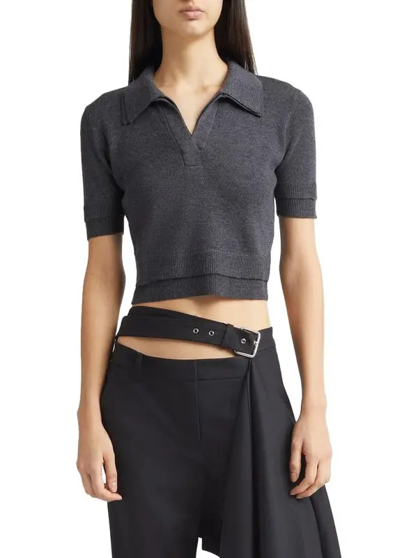 Monse Doubled Crop Merino Wool Polo - Dark Grey