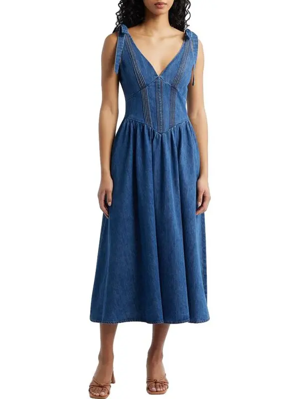 FREEMARKET Plunge Neck Tie Shoulder Midi Dress - Denim