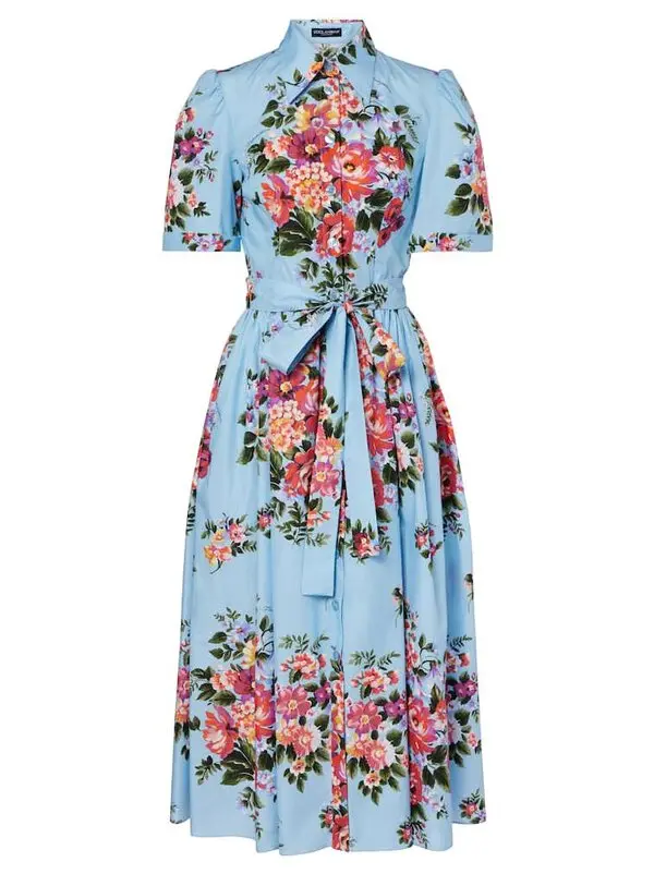 Dolce & Gabbana Floral Print Cotton Poplin Shirt Dress - Blue
