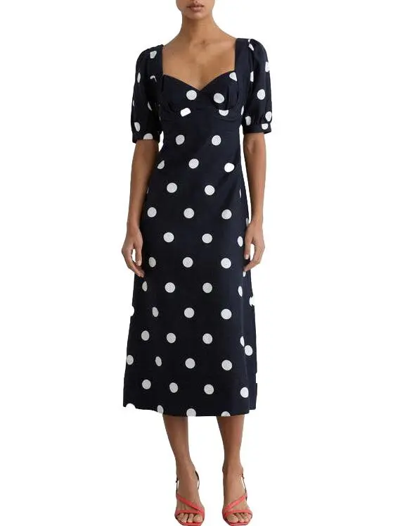 REISS Astrid Polka Dot Linen Midi Dress - Navy/ivory