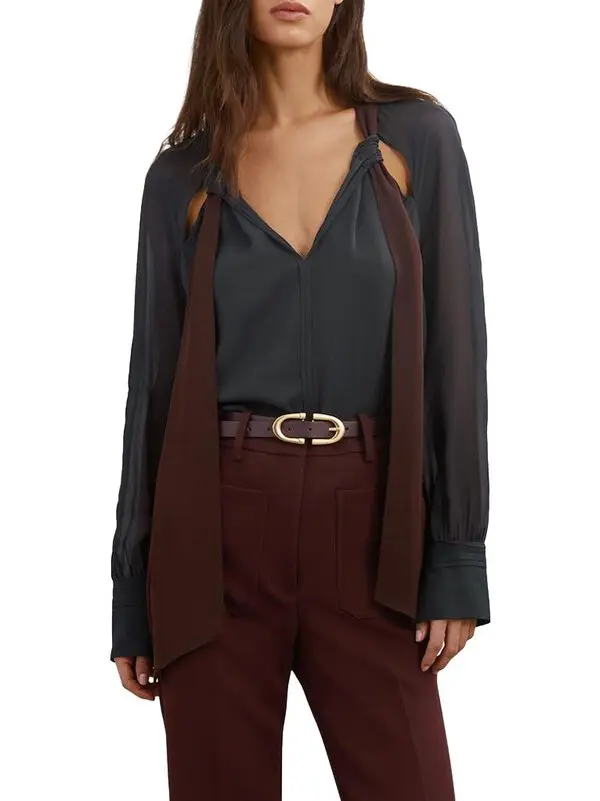 REISS Jasmine Tie Cutout Top - Navy/burgundy