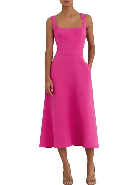 REISS Dina Cutout Back Fit & Flare Midi Dress - Raspberry Pink