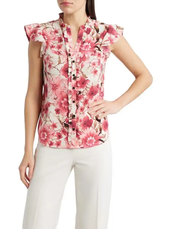 Anne Klein Ruffle Accent Button-up Shirt - Pink Berry Multi