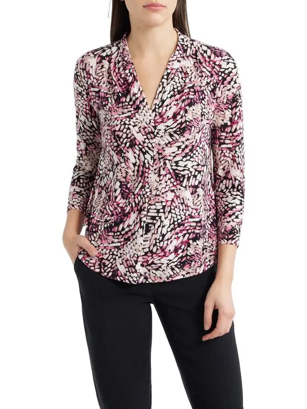 Anne Klein Printed Pleat Three-quarter Sleeve Top - Pink Berry Multi