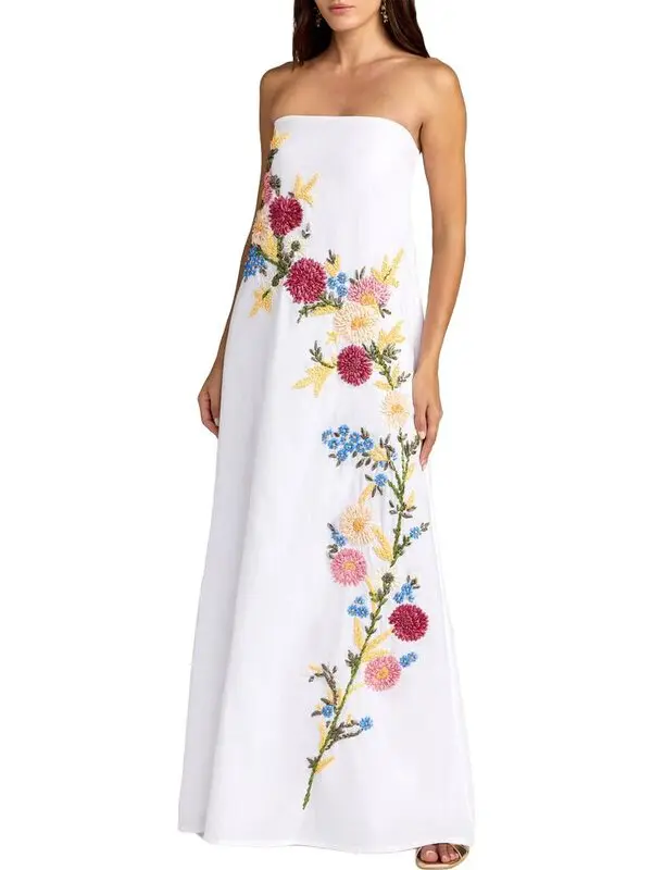 Mac Duggal Strapless Floral Embroidered Linen Gown - White Multi