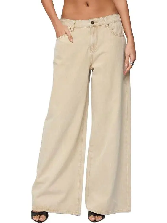EDIKTED Button Strap Baggy Wide Leg Jeans - Beige