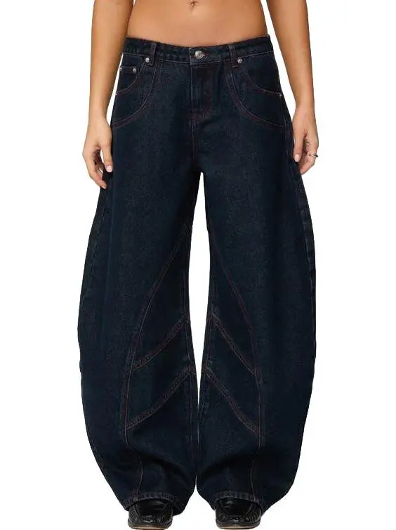 EDIKTED Double Pocket Low-rise Barrel Leg Jeans - Dark-blue