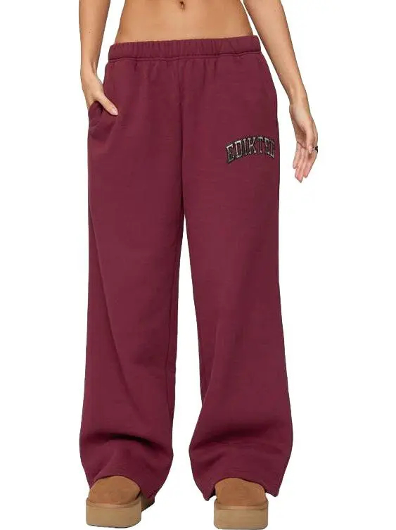 EDIKTED Embroidered Logo Wide-leg Sweatpants - Burgundy