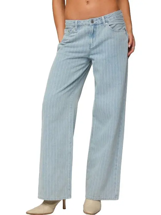 EDIKTED Pinstripe Low Rise Wide Leg Jeans - Light-blue-washed