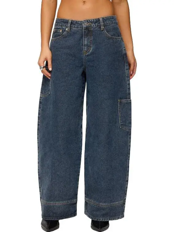 EDIKTED Nea Pocket Low Rise Wide Leg Jeans - Dark-blue