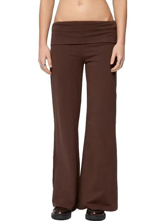 EDIKTED Wide-leg Cotton Pants With Fold-over Waistband - Brown