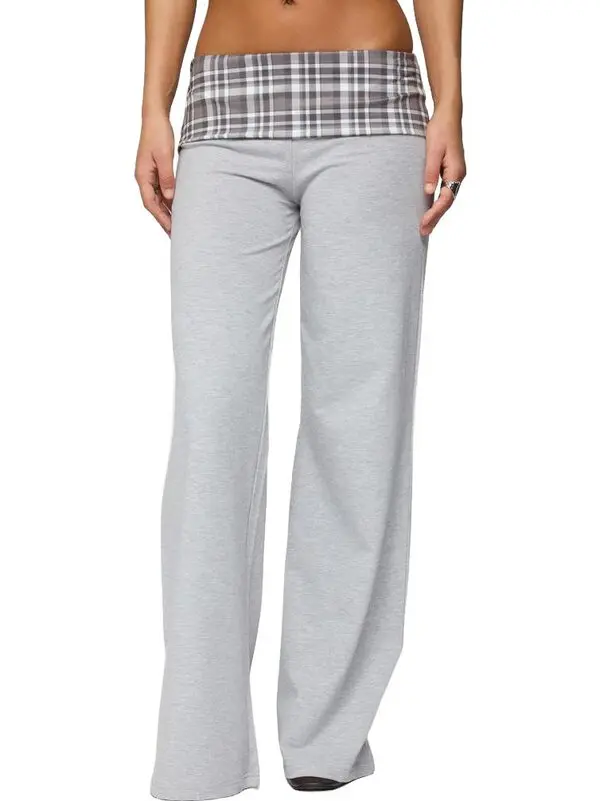 EDIKTED Plaid Fold-over Wide-leg Pants - Gray