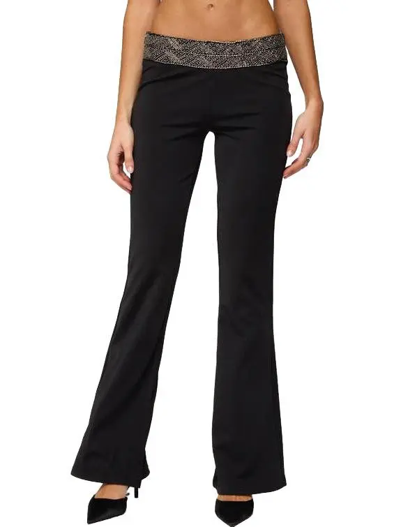 EDIKTED Beaded Waist Low Rise Flare Pants - Black