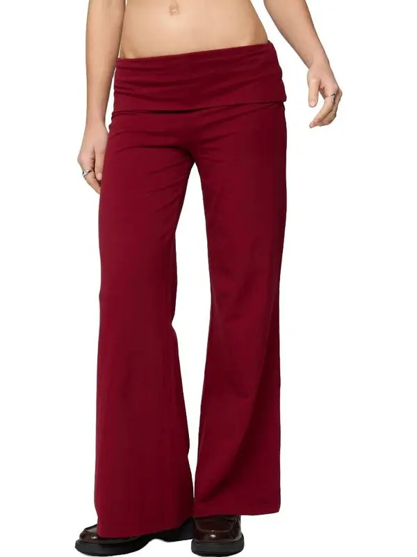 EDIKTED Wide Leg Foldover Cotton Pants - Burgundy