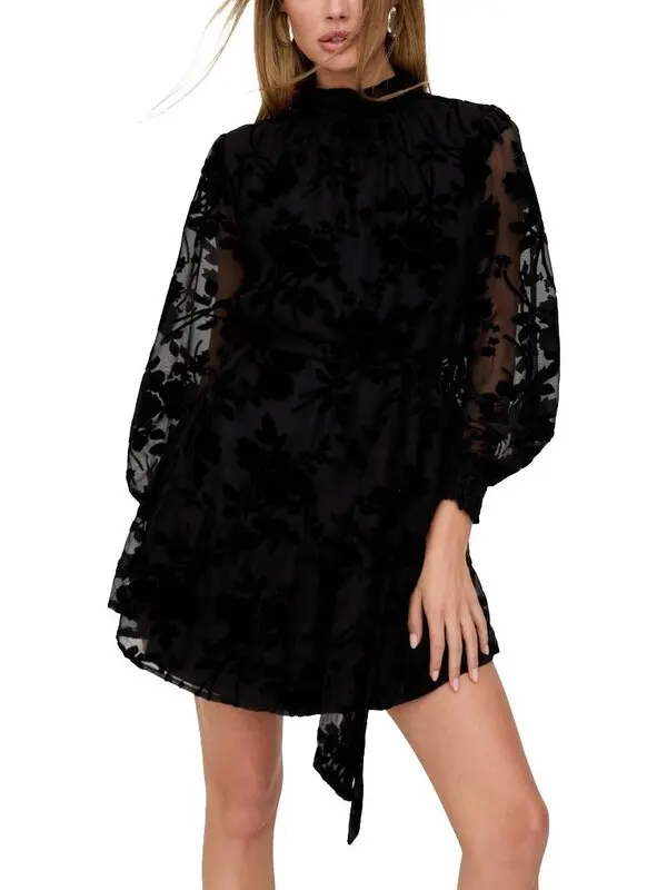 LILY AND LIONEL Breeze High Neck Velvet Burnout Mini Dress - Black