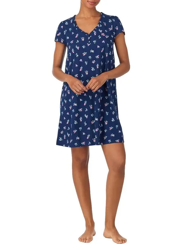 Ralph Lauren Short Sleeve Ruffle V-neck Nightgown - Navy Print