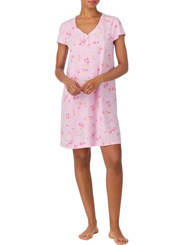 Ralph Lauren Short Sleeve Ruffle V-neck Nightgown - Pink Floral