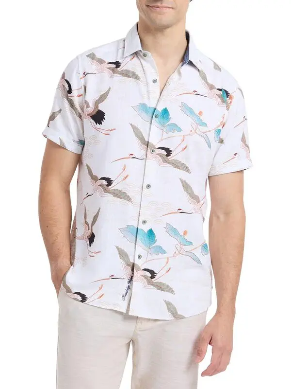 Robert Graham Tsuru Crane Print Short Sleeve Button-up Shirt - White