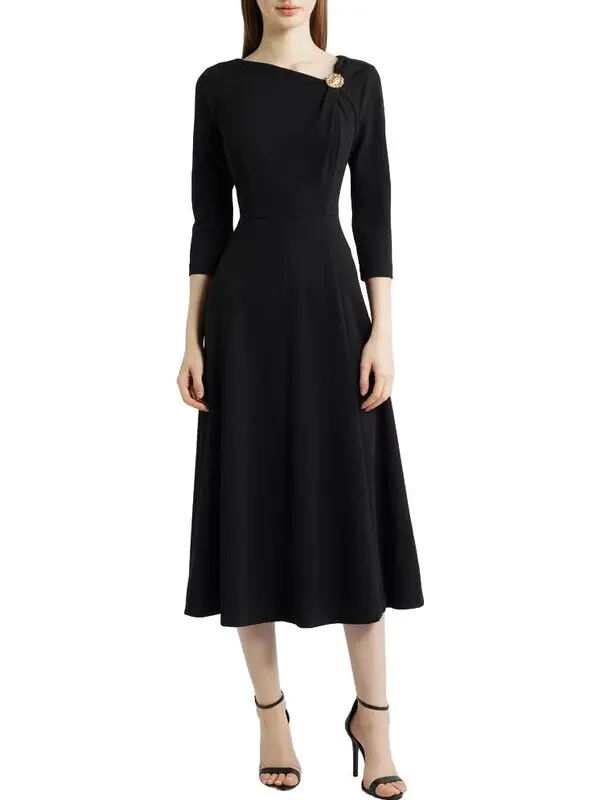 Anne Klein Shoulder Pin Asymmetric Midi Dress - Anne Black