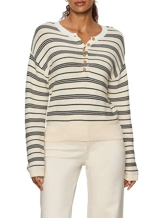 Sanctuary Stripe Cotton Henley Sweater - Collagen White/black Stripe