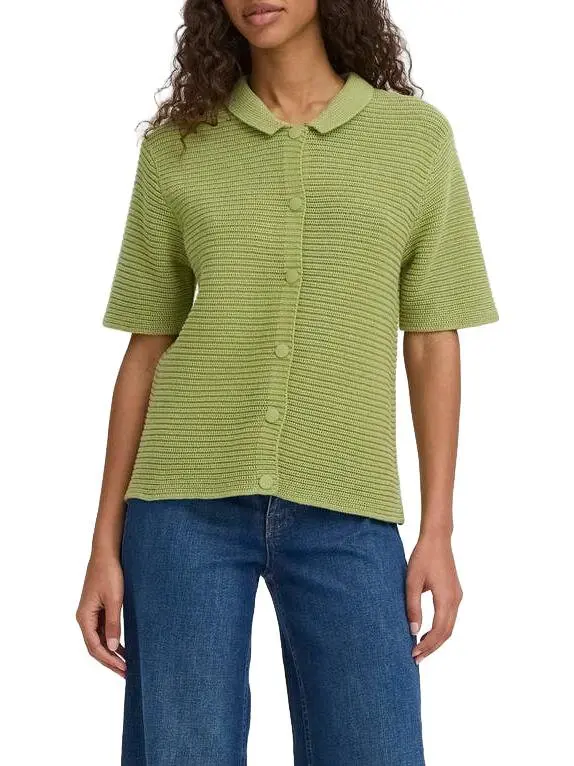 ICHI Textured Cotton Snap-up Polo Sweater - Iguana