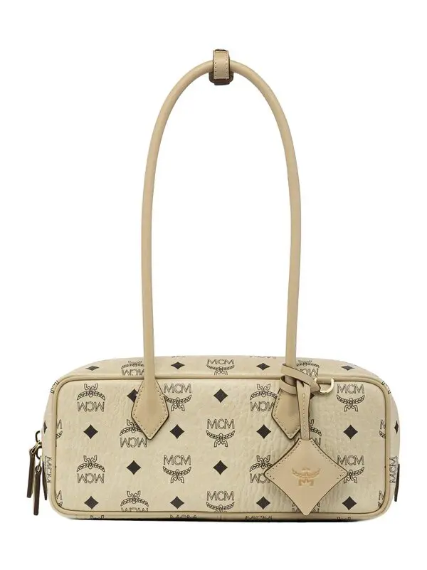 Mcm Shoulder Bag In Visetos Monogram Canvas With Leather Trim - Beige + Black