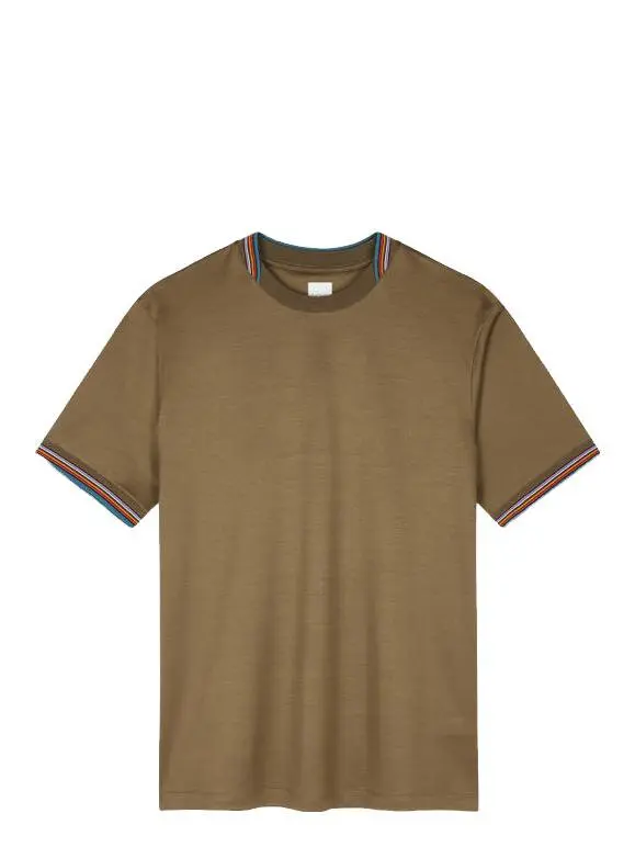 Paul Smith Dark Khaki Mercerised Cotton 'signature Stripe' Trim T-shirt - Brown