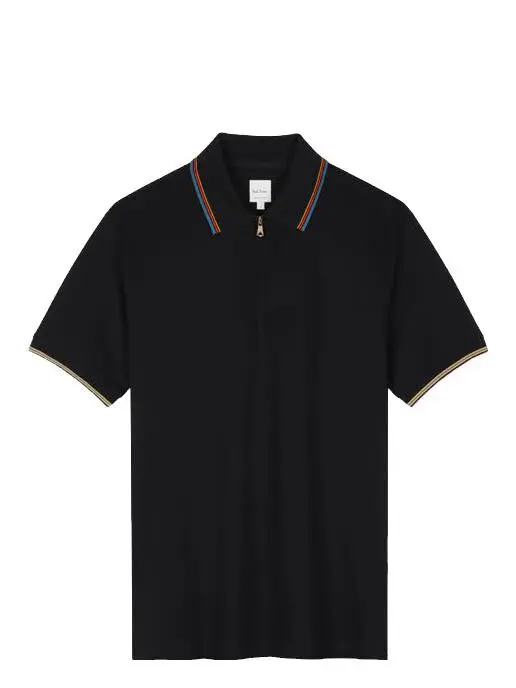 Paul Smith Cotton 'signature Stripe' Trim Zip Polo Shirt - Black