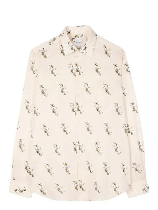 Paul Smith Tailored-fit Ecru Floral Print Lyocell Shirt - White