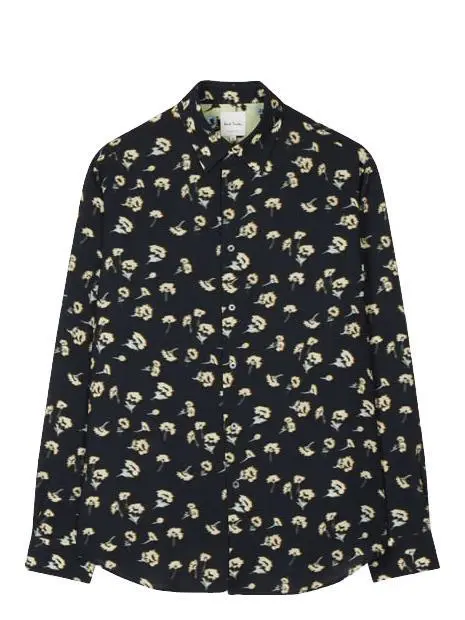 Paul Smith Navy 'shadow Floral' Print Viscose-linen Shirt - Blue