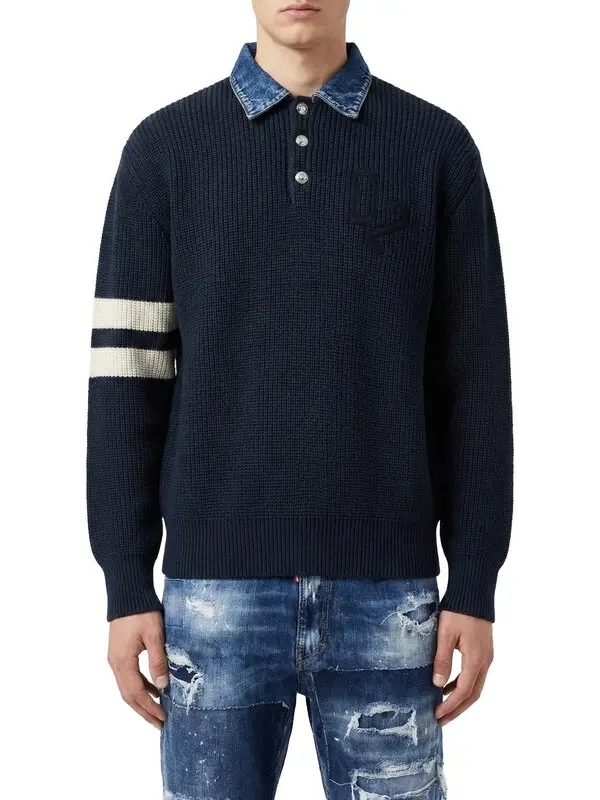 Dsquared2 Cotton Knit Polo With Denim Collar - Blue