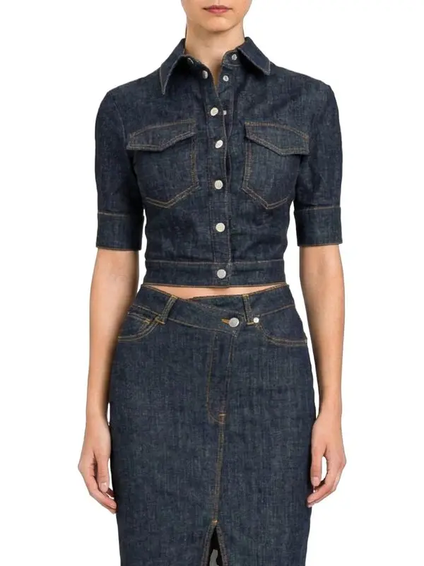 TWINSET Cropped Shirt With Rhinestone Embellishments - Denim