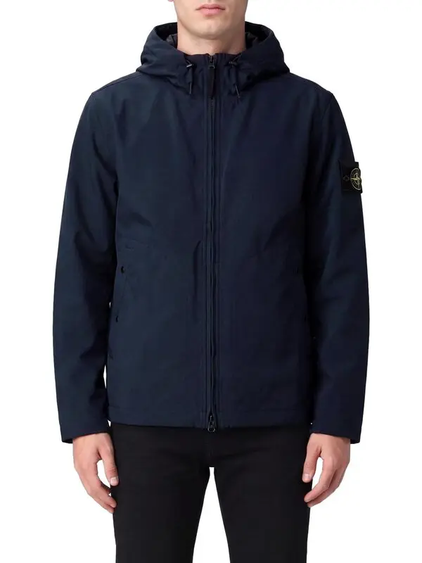 Stone Island Short Hooded Tech Fabric Windbreaker With Logo Patch - Blue