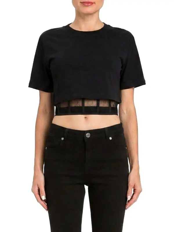 TWINSET Cropped T-shirt With Mesh Detail - Black