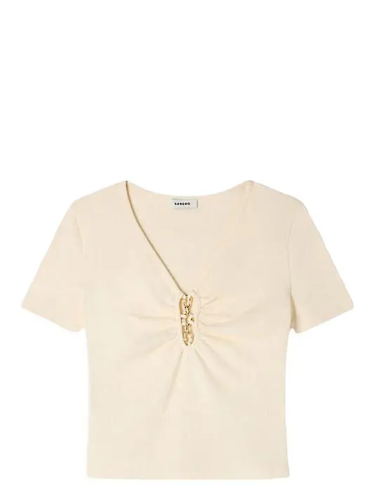 Sandro Jewel-embellished Cropped T-shirt - Ecru