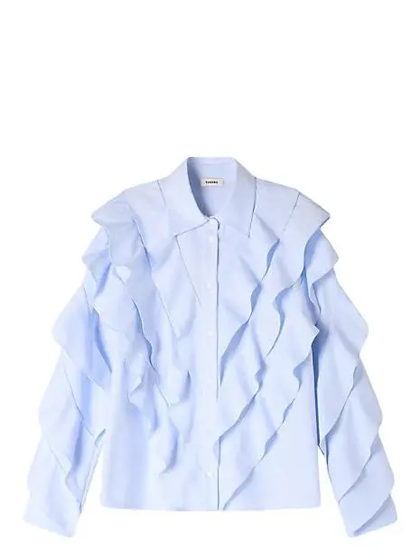 Sandro Ruffled Long-sleeved Cotton Shirt - Sky Blue