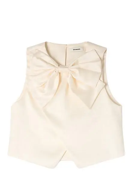 Sandro Bow-appliqué Cropped Satin Top - Ecru