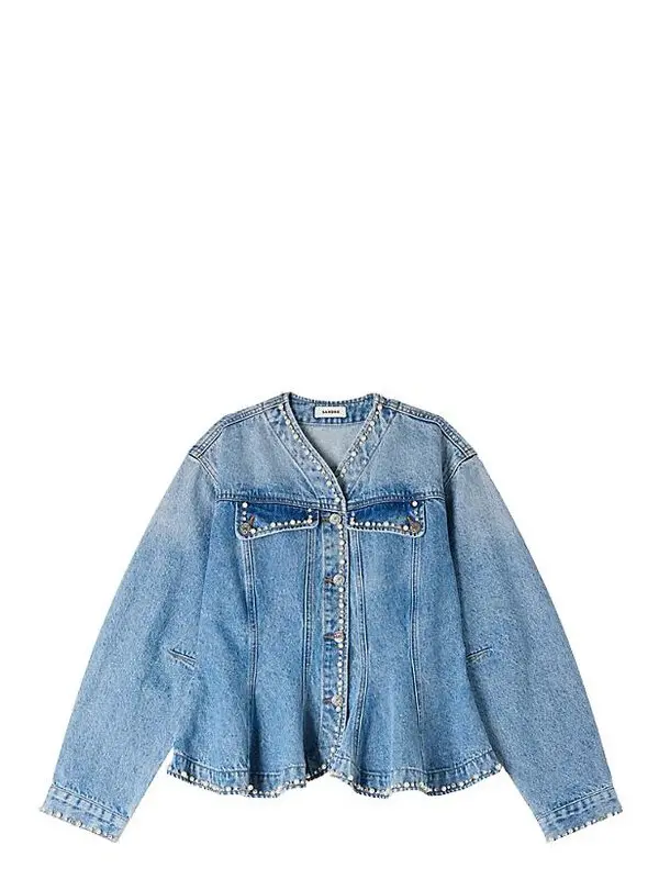 Sandro Peplum-hem Beaded-trim Denim Jacket - Blue Jean