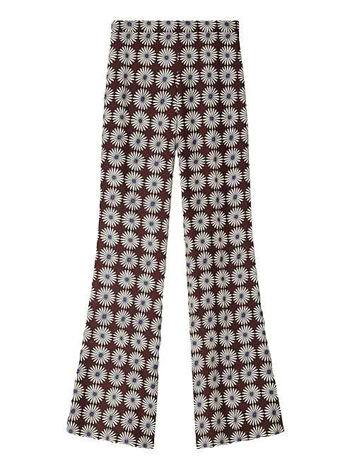 Sandro Floral-print Flared Woven Trousers - Marron / Bleu